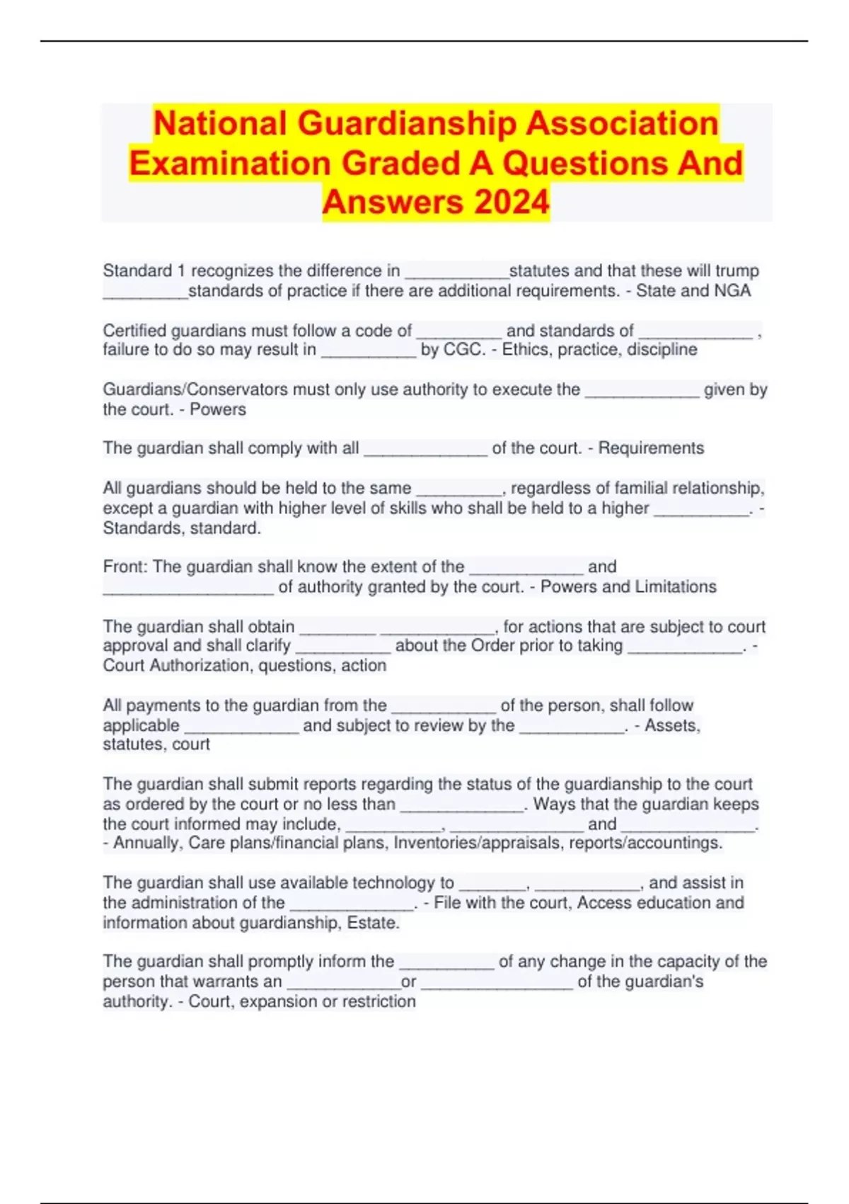 National Guardianship Association Examination Graded A Questions And ...