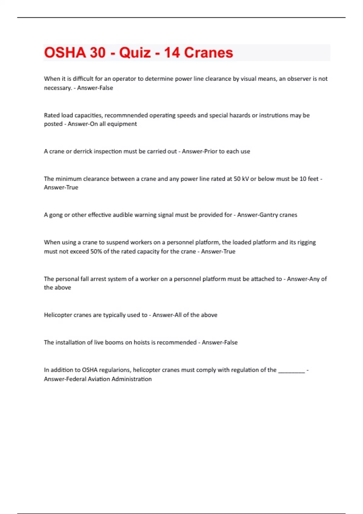 OSHA 30 - Quiz - 14 Cranes Questions and Answers 2024 with complete ...