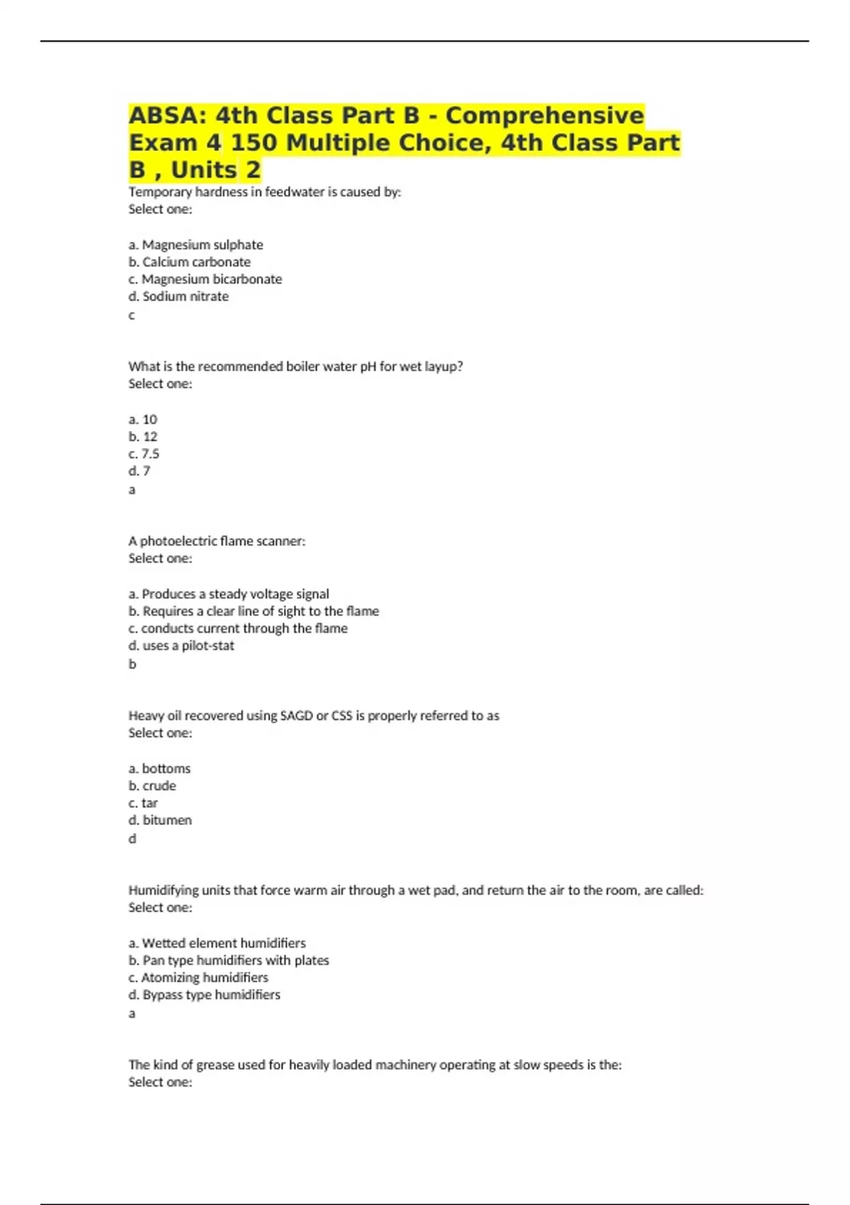 ABSA: 4th Class Part B - Comprehensive Exam 4 150 Multiple Choice, 4th ...