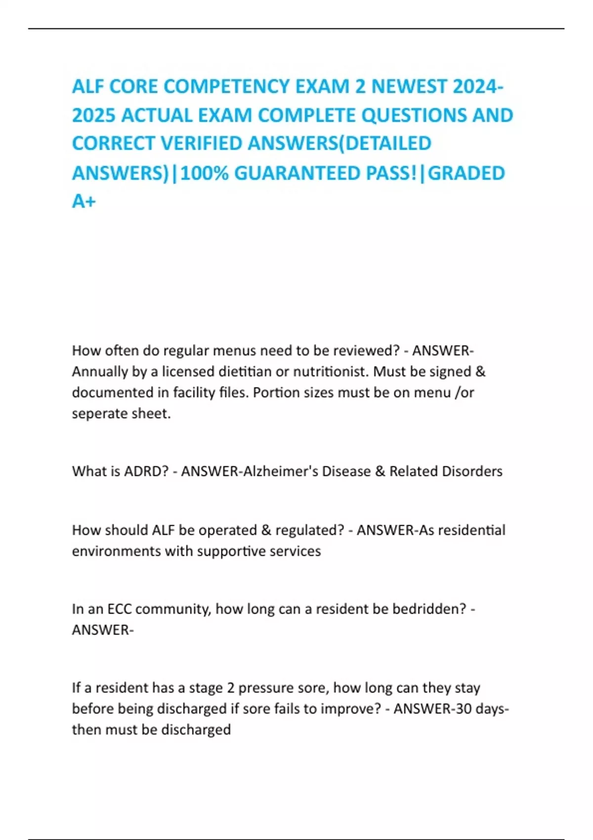 ALF CORE COMPETENCY EXAM 2 NEWEST ACTUAL EXAM COMPLETE QUESTIONS AND ...