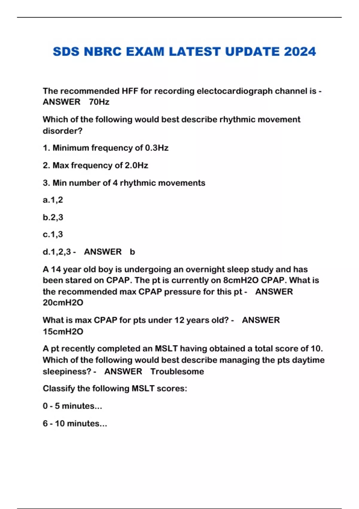 SDS NBRC EXAM LATEST UPDATE 2024 - SDS NBRC - Stuvia US