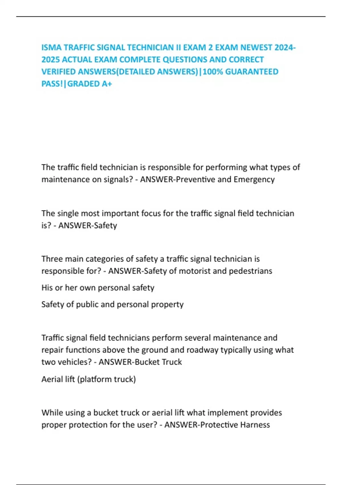 ISMA TRAFFIC SIGNAL TECHNICIAN II EXAM 2 EXAM NEWEST ACTUAL EXAM ...