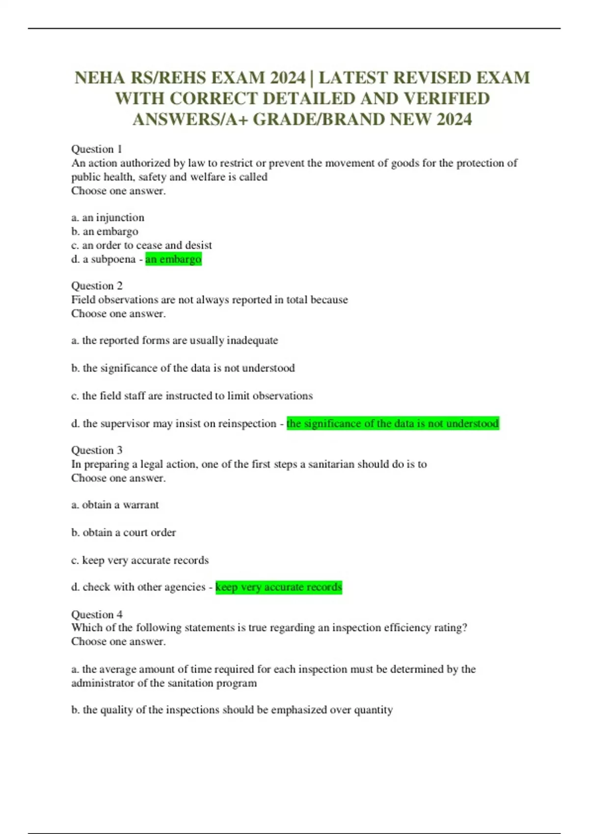 NEHA RS/REHS EXAM 2024 | LATEST REVISED EXAM WITH CORRECT DETAILED AND ...