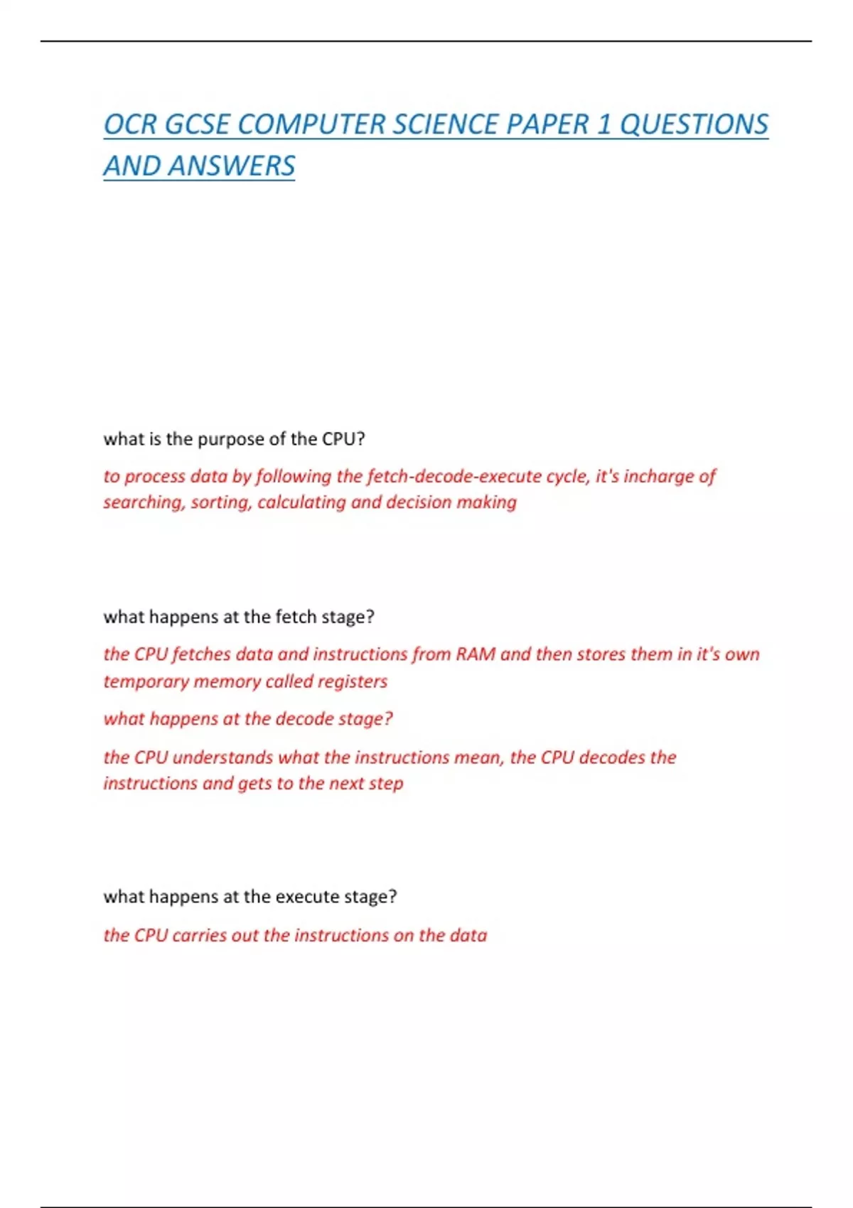 OCR GCSE COMPUTER SCIENCE PAPER 1 QUESTIONS AND ANSWERS - OCR GCSE ...