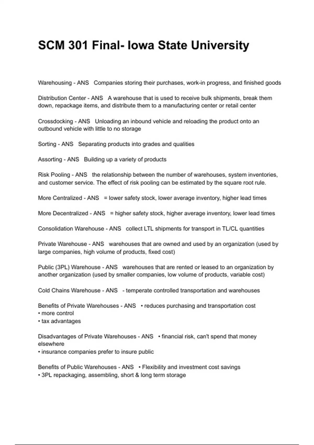 SCM 301 Final- Iowa State University - SCM 301 - Stuvia US