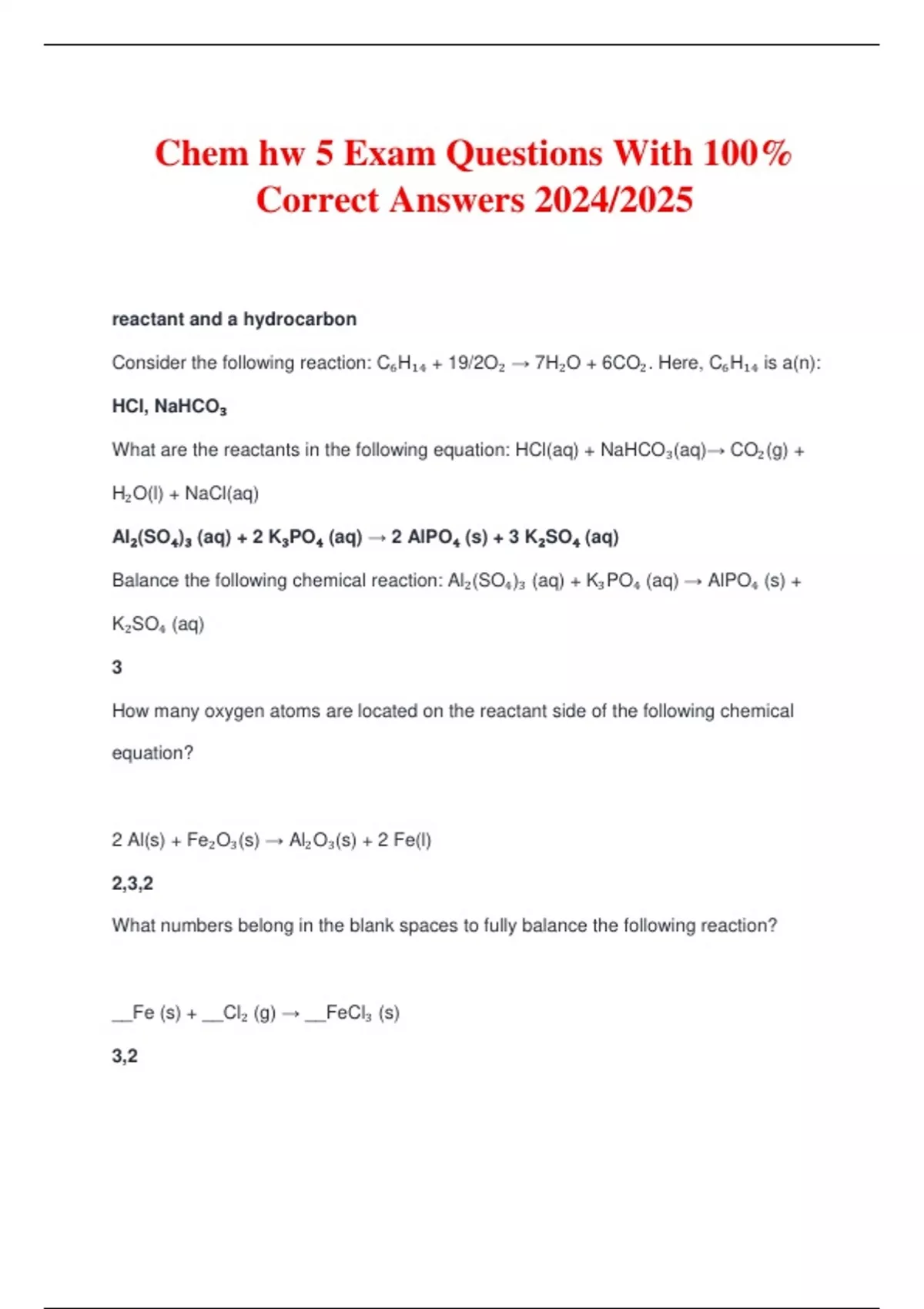 Chem hw 5 Exam Questions With 100% Correct Answers 2024/2025 - Chem hw ...