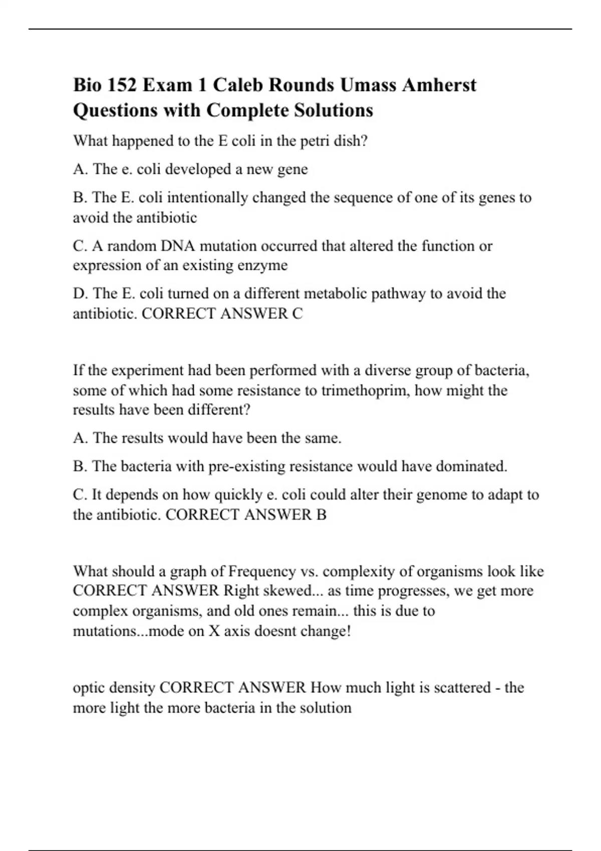 Bio 152 Exam 1 Caleb Rounds Umass Amherst Questions with Complete ...