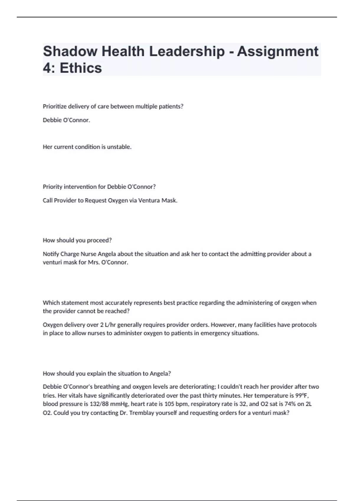 Shadow Health Leadership - Assignment 4: Ethics with answers 2024/2025 - Shadow Health ...