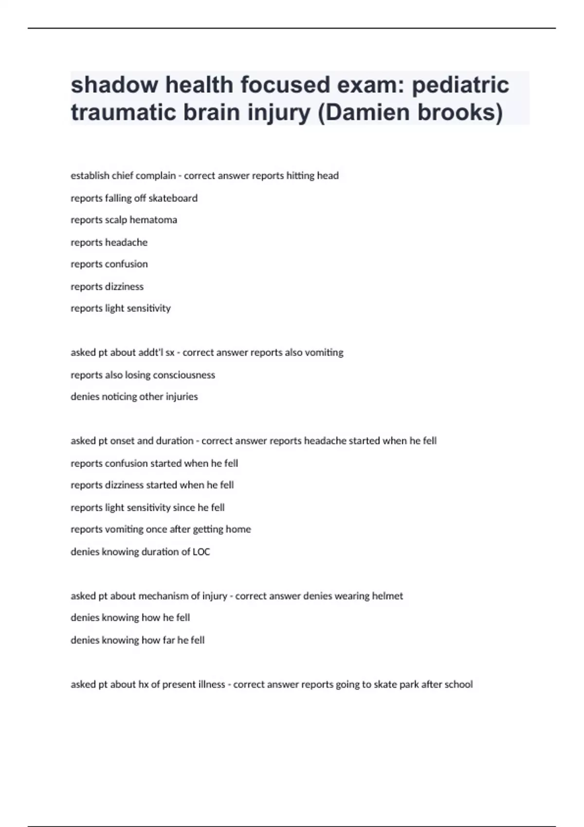 shadow health focused exam: pediatric traumatic brain injury (Damien ...