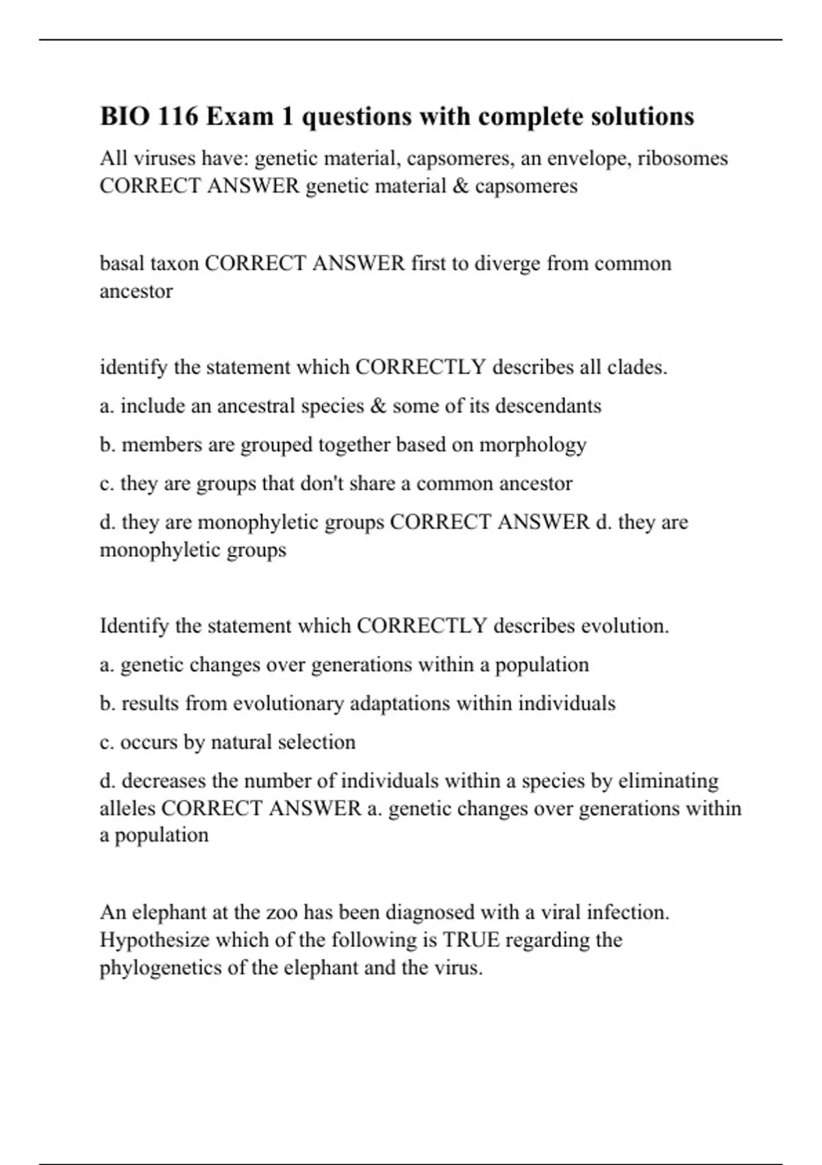 BIO 116 Exam 1 questions with complete solution1 - BIO 116 - Stuvia US