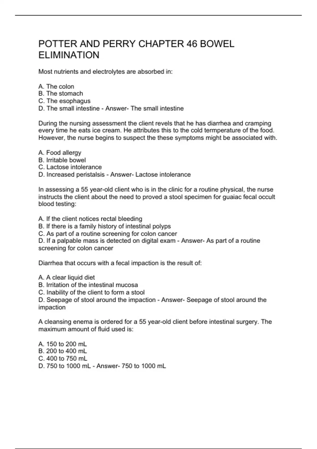 POTTER AND PERRY CHAPTER 46 BOWEL ELIMINATION - POTTER AND PERRY ...