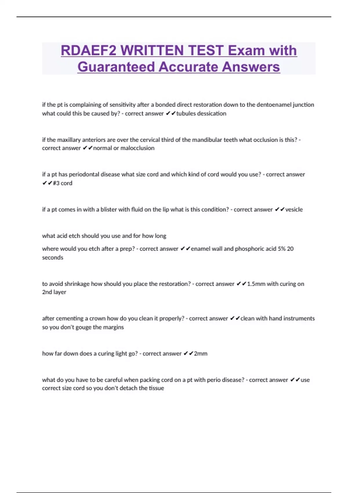 RDAEF2 WRITTEN TEST Exam with Guaranteed Accurate Answers - RDAEF2 ...