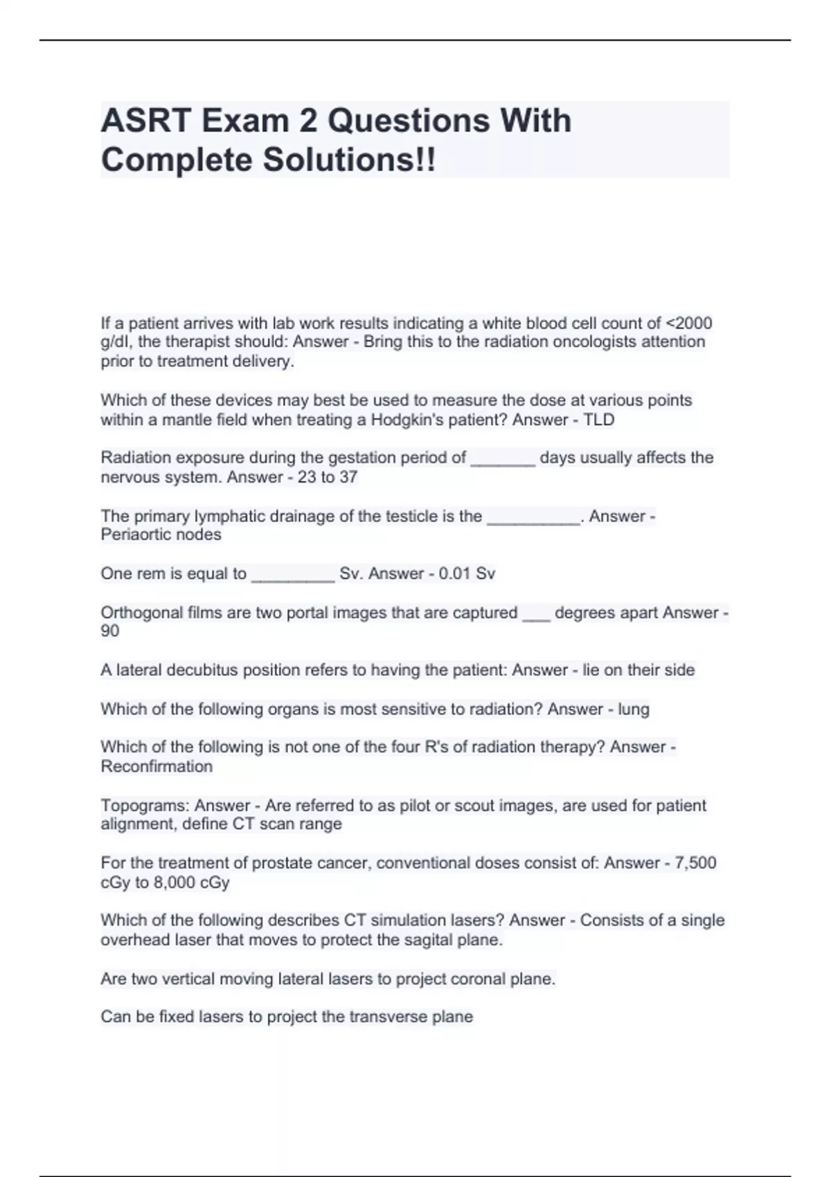 ASRT Exam 2 Questions With Complete Solutions!! - ASRT - Stuvia US