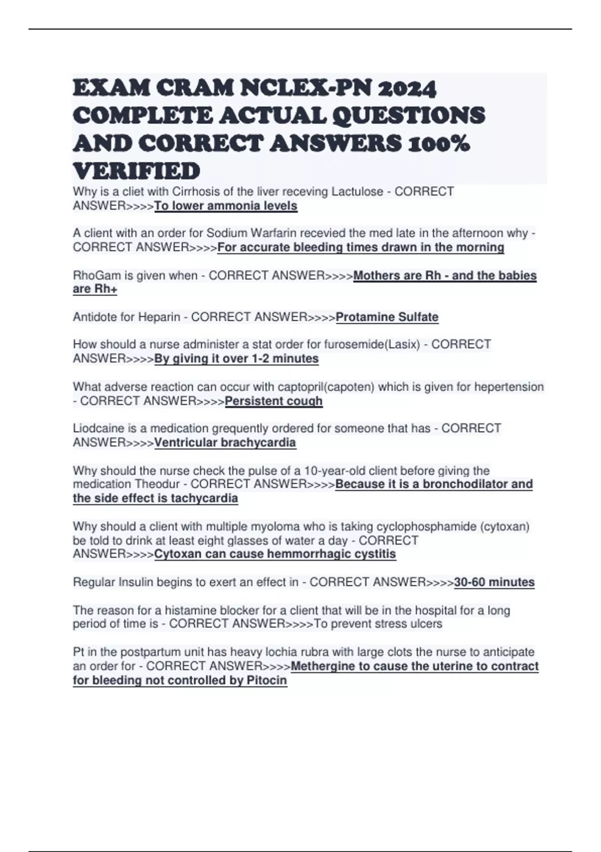 EXAM CRAM NCLEX-PN 2024 COMPLETE ACTUAL QUESTIONS AND CORRECT ANSWERS ...