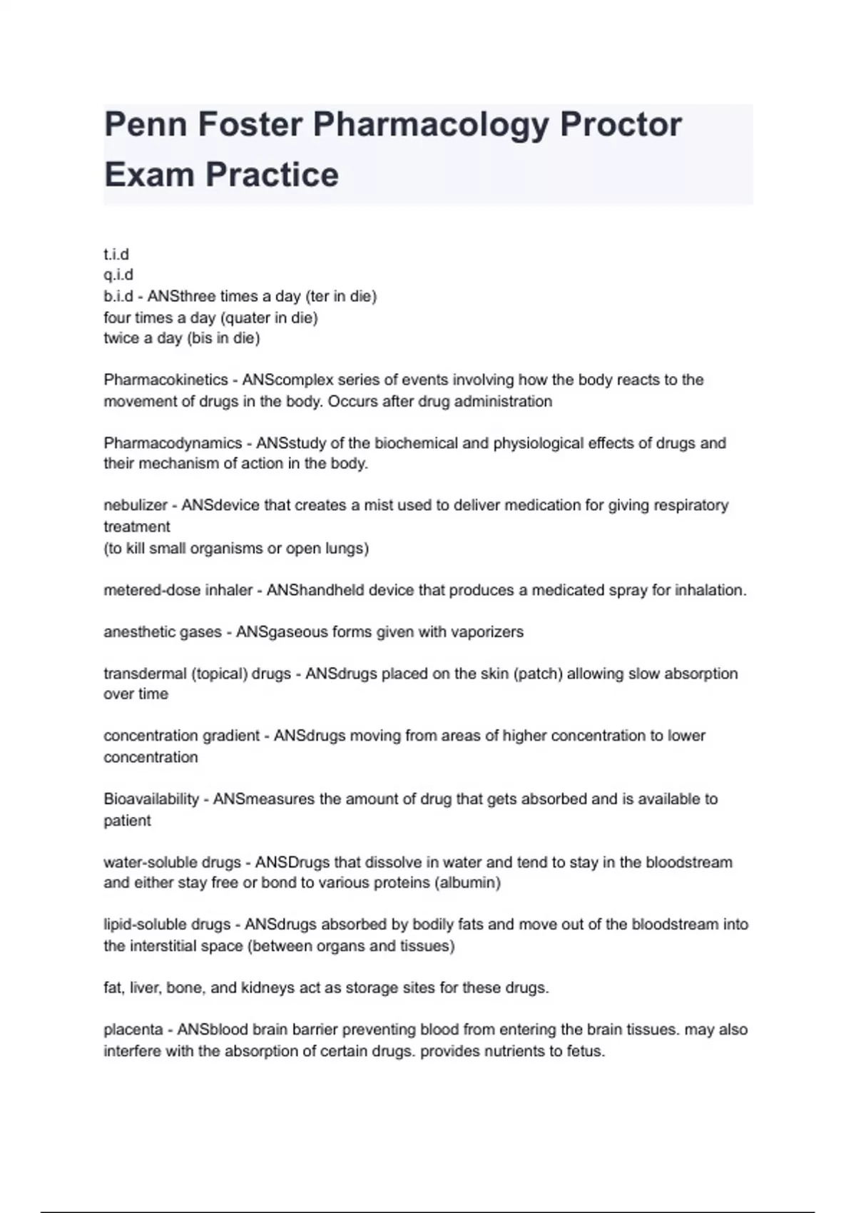 Penn Foster Pharmacology Proctor Exam Practice NEWEST 2026/2027 ACTUAL ...