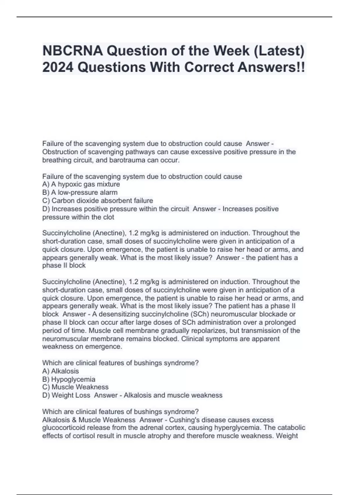 NBCRNA Question of the Week (Latest) 2024 Questions With Correct ...