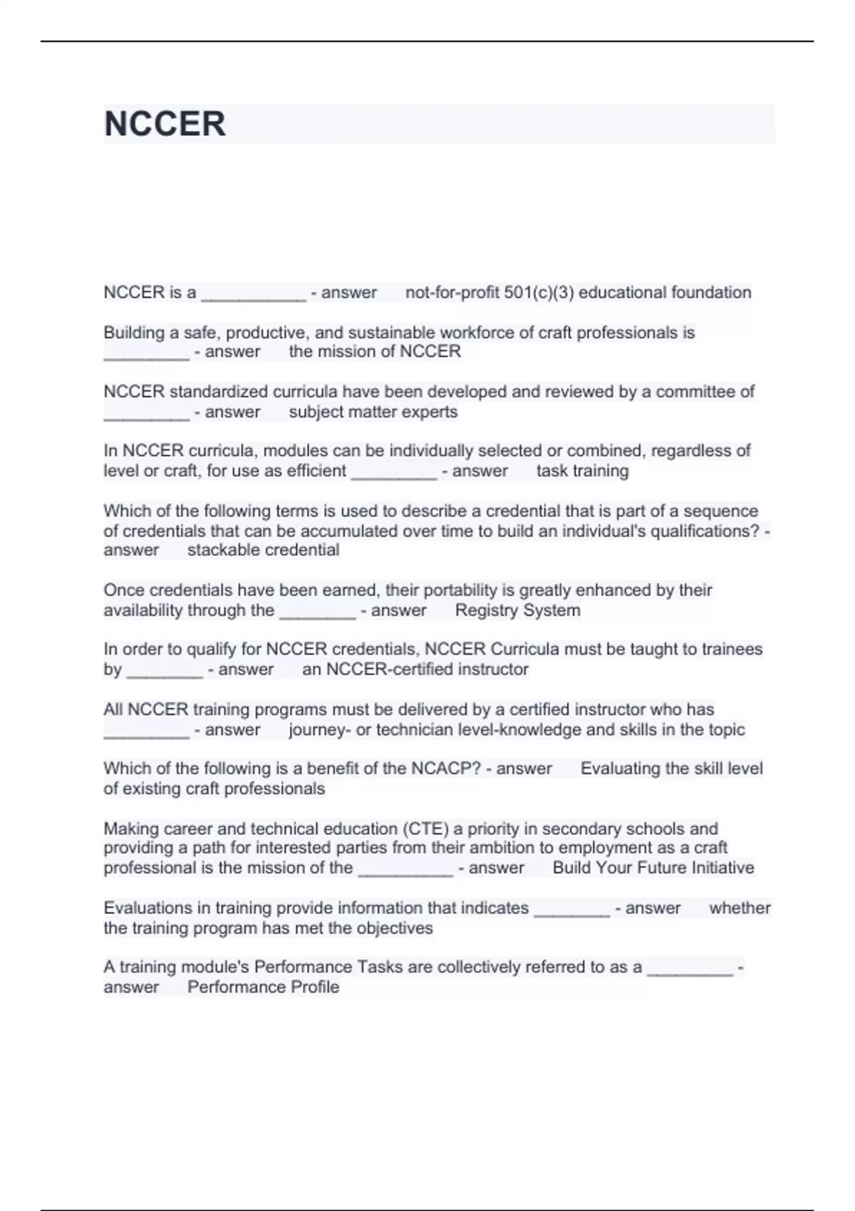 NCCER QUESTIONS WITH SOLUTIONS 2024 - NCCER - Stuvia US