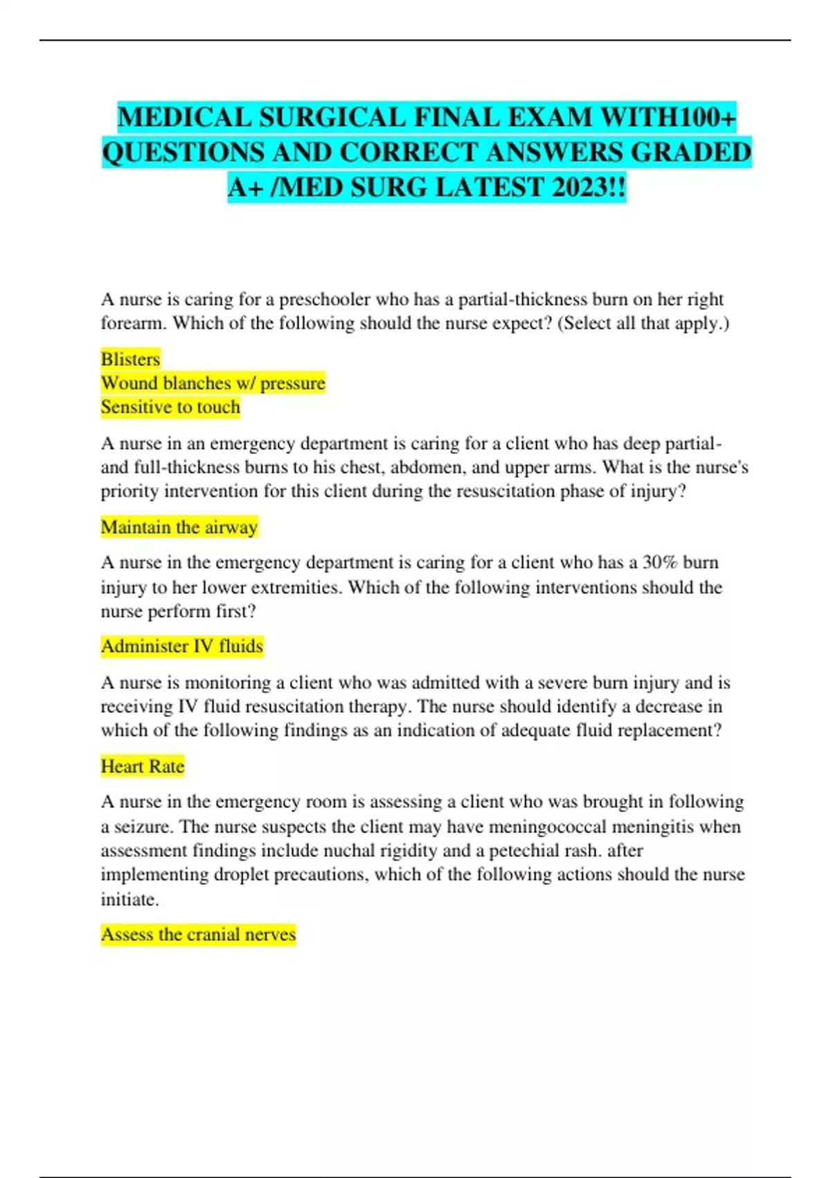 MEDICAL SURGICAL FINAL EXAM WITH100+ QUESTIONS AND CORRECT ANSWERS ...