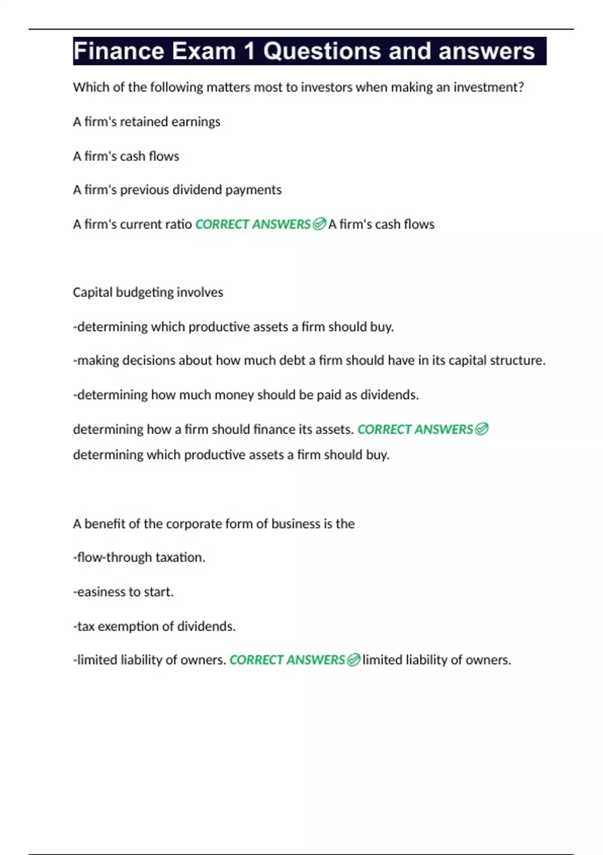 Finance Exam 1 Questions and answers - Finance Quest - Stuvia US