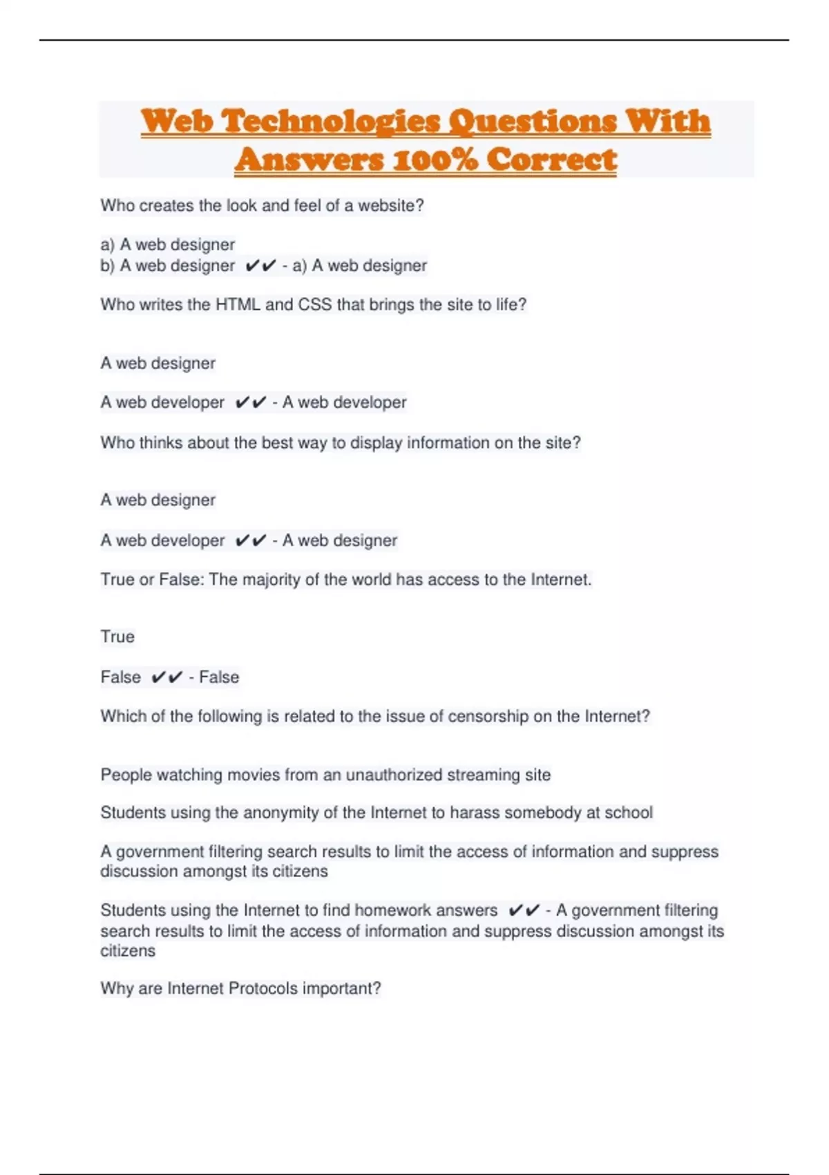 Web Technologies Questions With Answers 100% Correct - Web Technologies ...