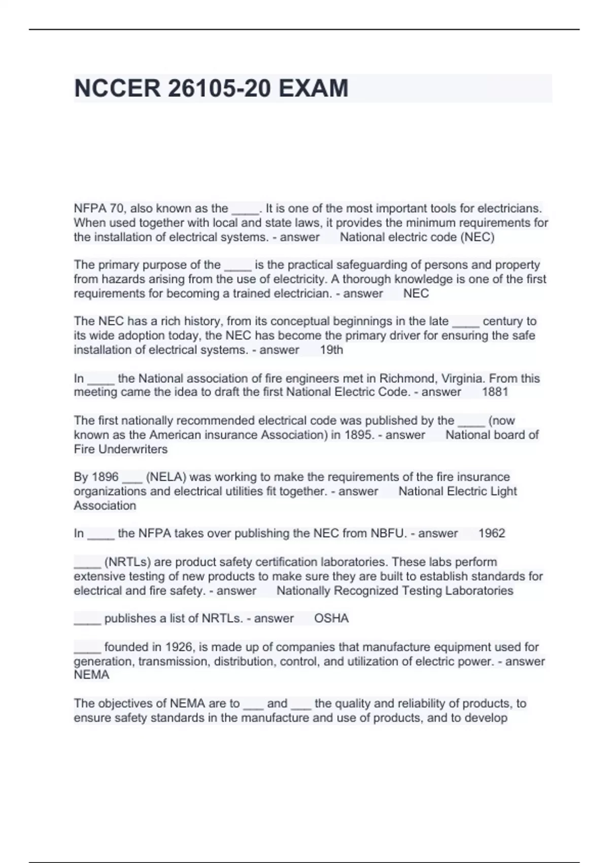 NCCER 26105-20 EXAM QUESTIONS WITH CORRECT ANSWERS 100% SOLVED - NCCER ...