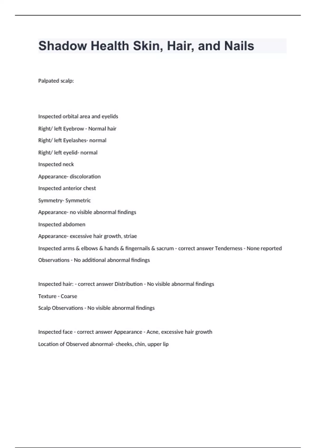 Shadow Health Skin, Hair, and Nails 2024/2025 updated to pass - Shadow ...