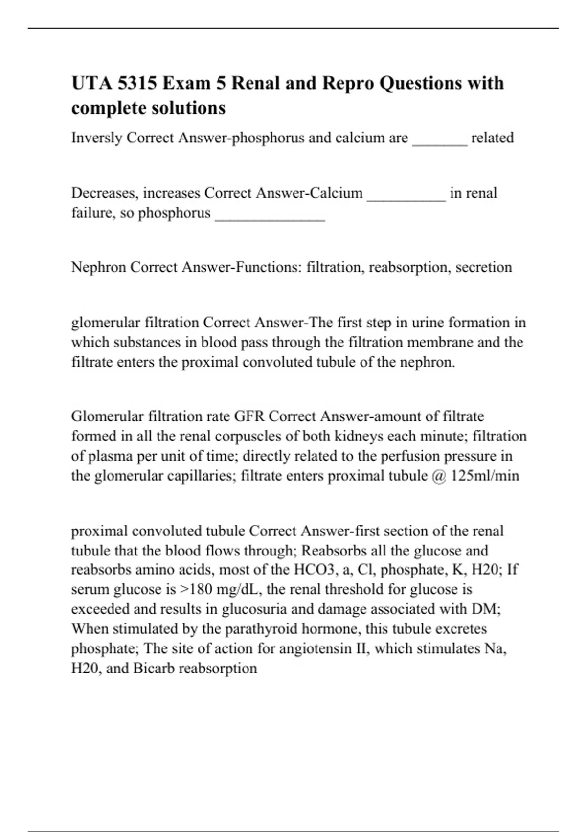 UTA 5315 Exam 5 Renal and Repro Questions with complete solutions ...