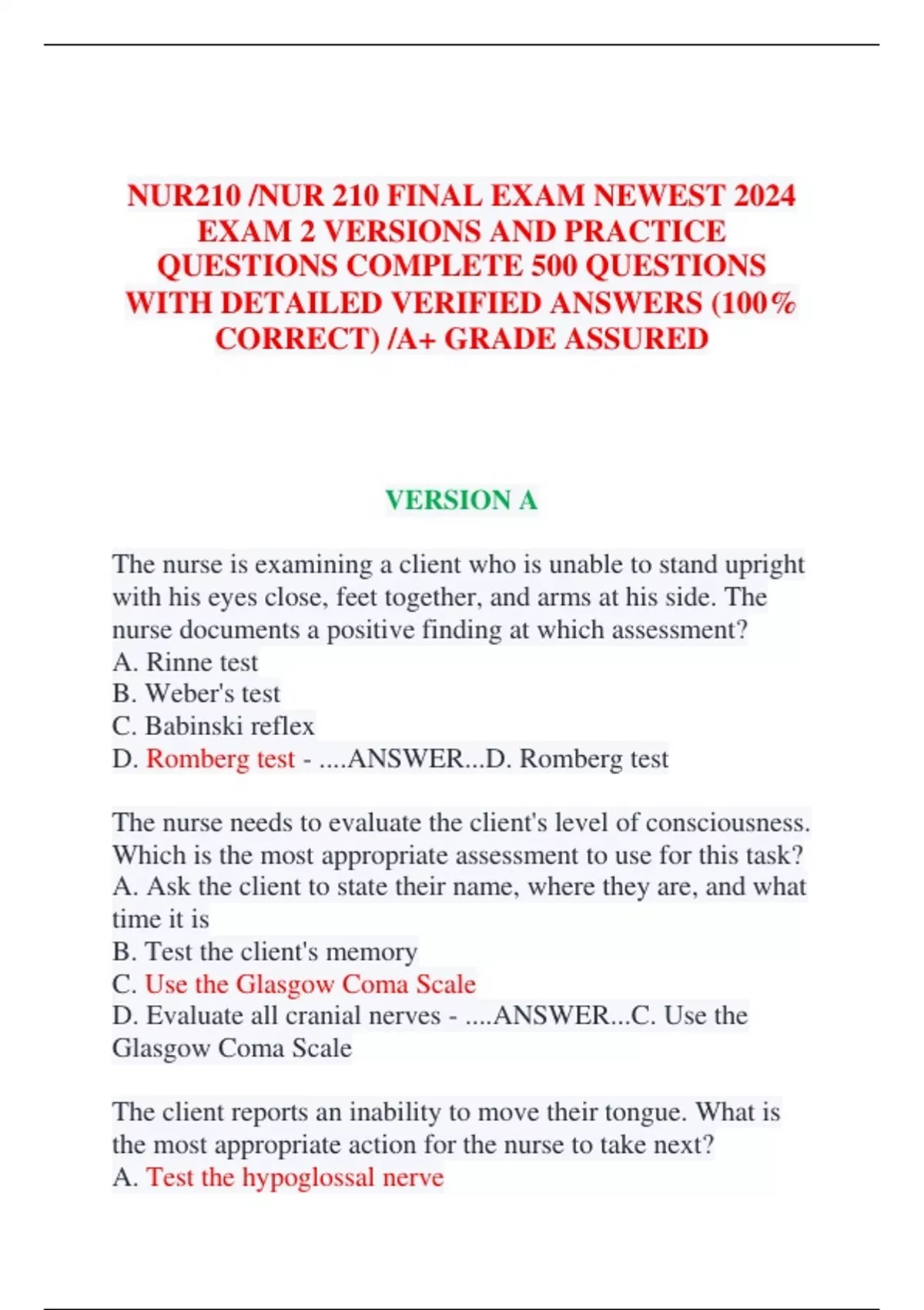 NUR210 /NUR 210 FINAL EXAM NEWEST 2024 EXAM 2 VERSIONS AND PRACTICE ...