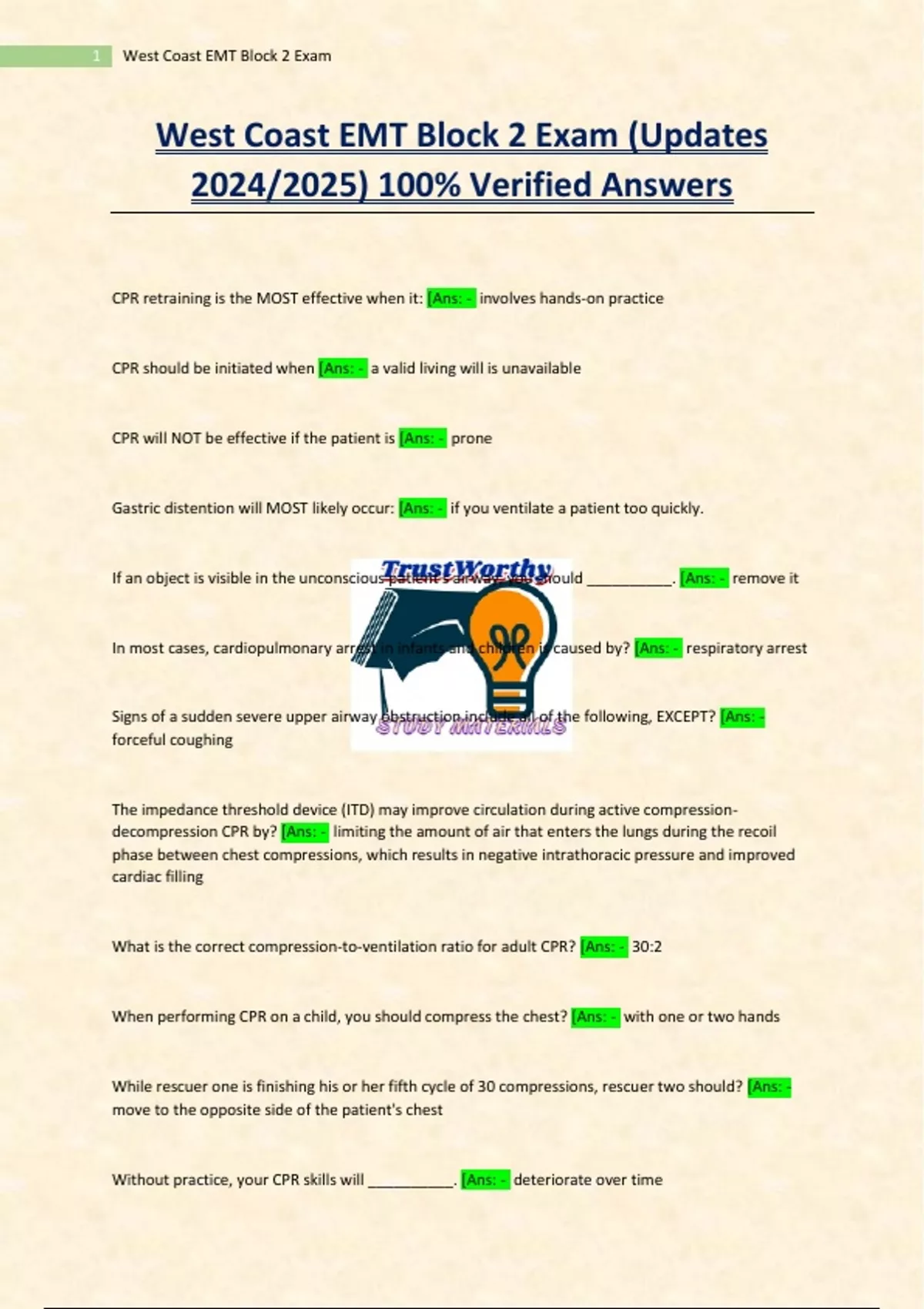 West Coast EMT Block 2 Exam (Updates 2024/2025) 100% Verified Answers ...