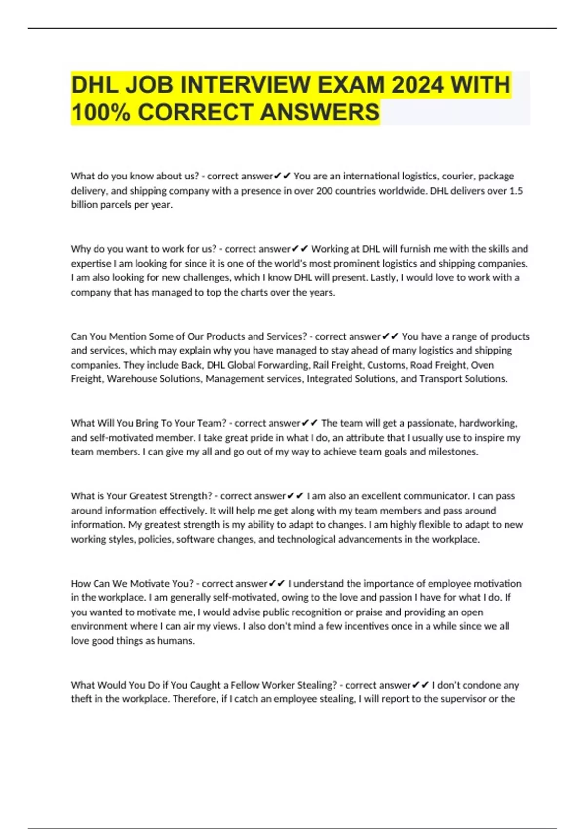 DHL JOB INTERVIEW EXAM 2024 WITH 100% CORRECT ANSWERS - DHL JOB ...