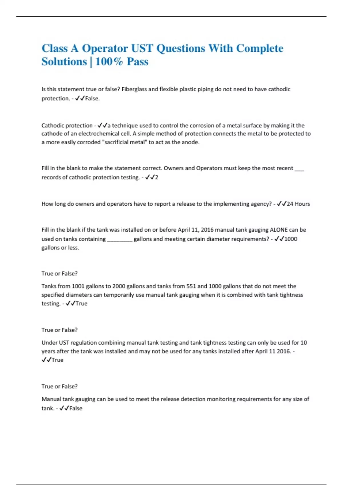 Class A Operator UST Questions With Complete Solutions | 100% Pass ...