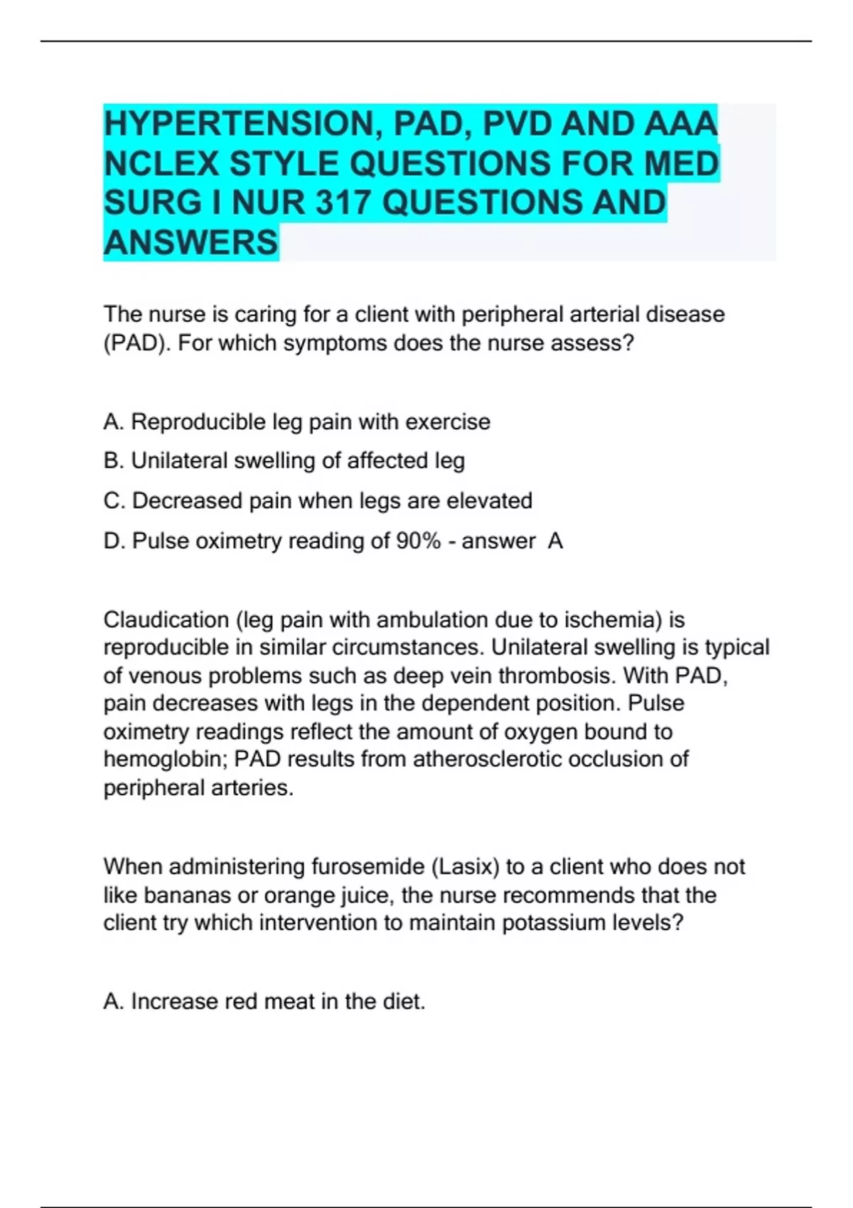 HYPERTENSION, PAD, PVD AND AAA NCLEX STYLE QUESTIONS FOR MED SURG I NUR ...