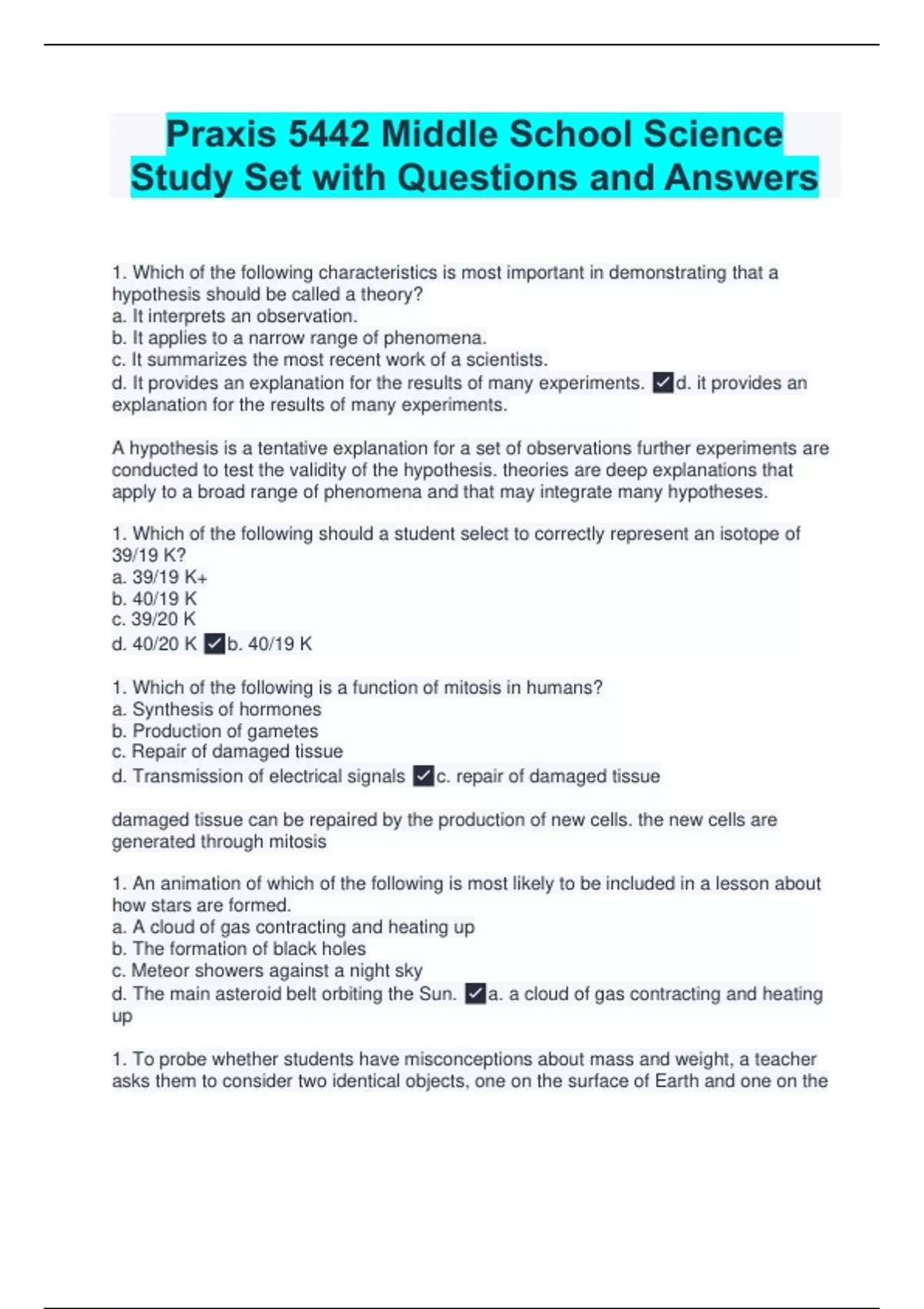 Praxis 5442 Middle School Science Study Set with Questions and Answers ...
