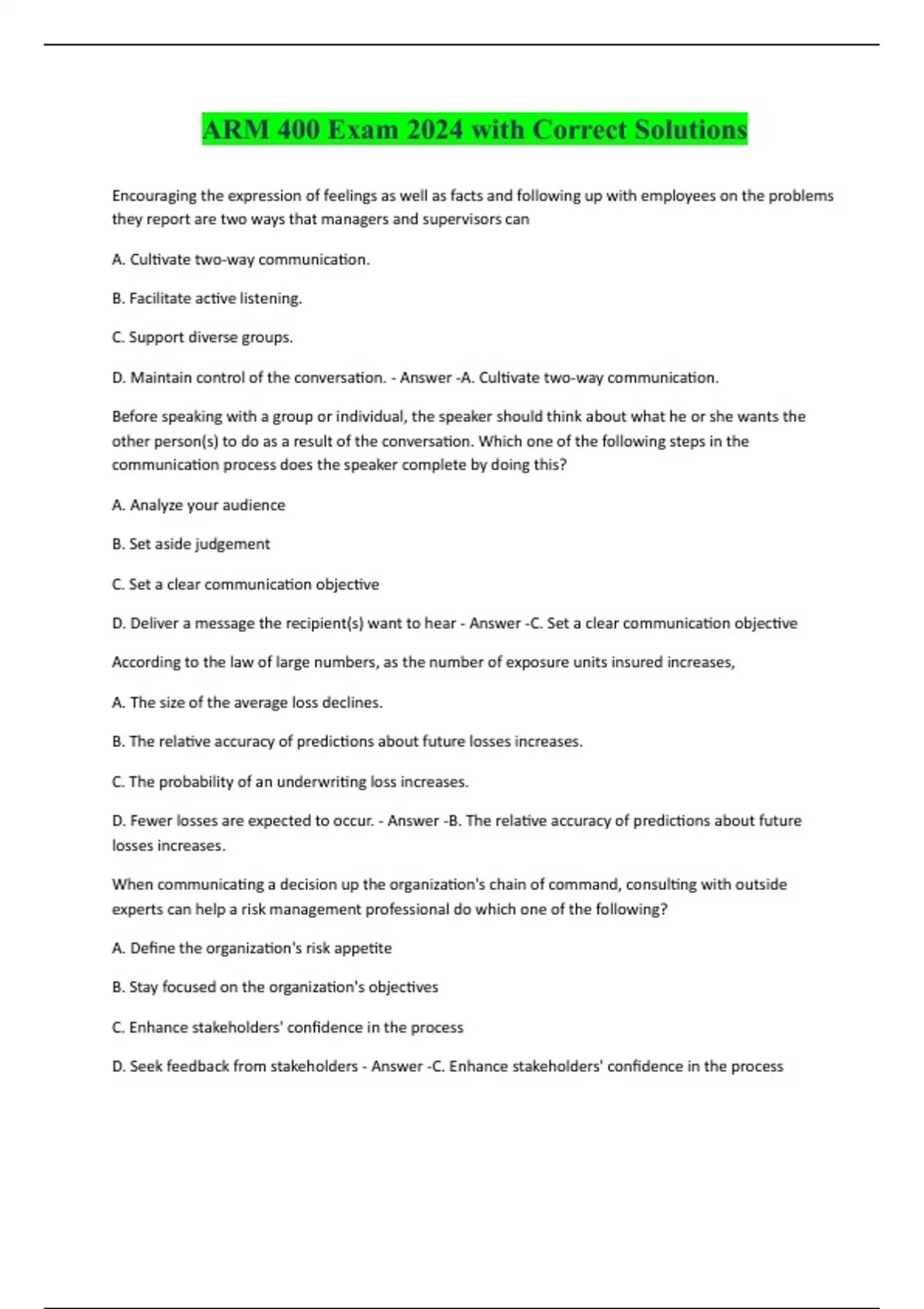 ARM 400 Exam 2024 with Correct Solutions - ARM 400 - Stuvia US