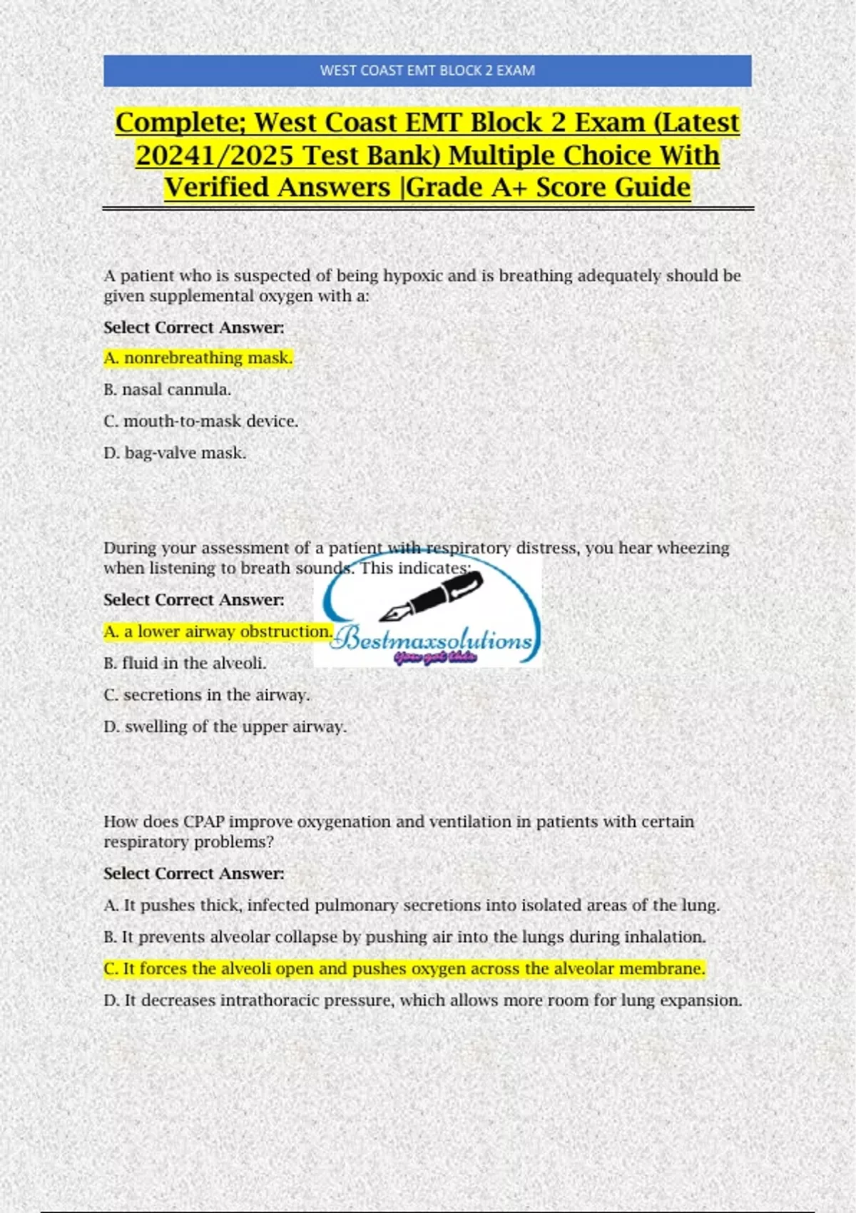 Complete; West Coast EMT Block 2 Exam (Latest 20241/2025 Test Bank ...
