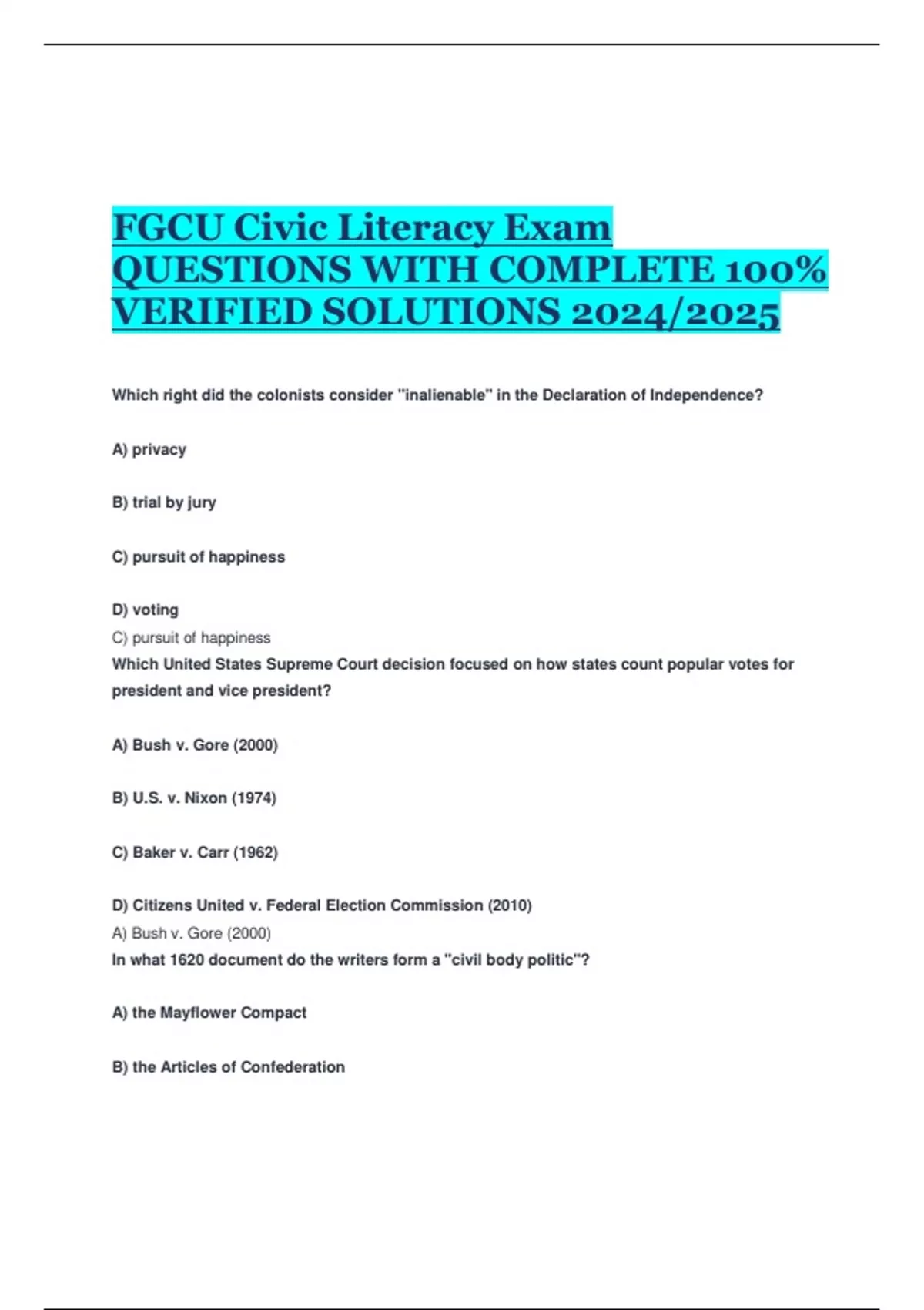 FGCU Civic Literacy Exam QUESTIONS WITH COMPLETE 100% VERIFIED ...