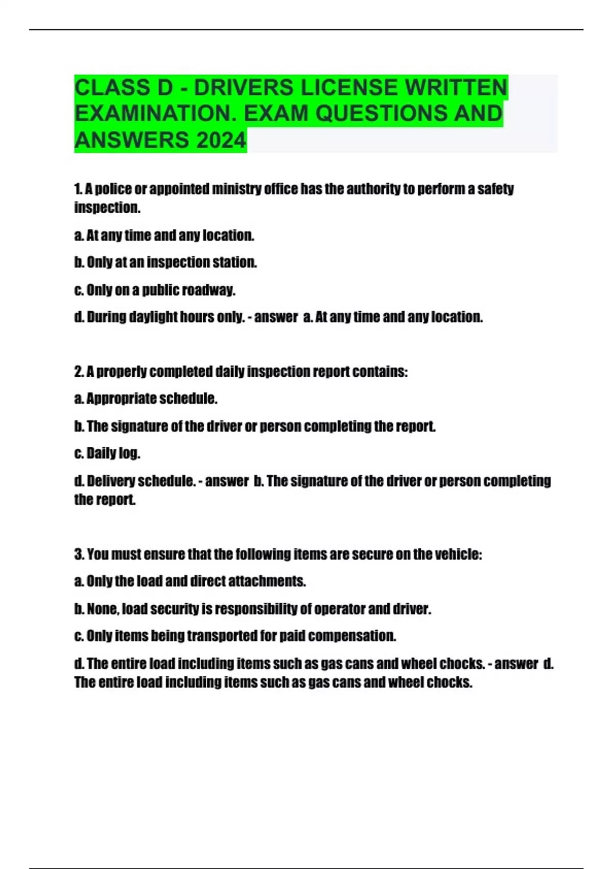 CLASS D - DRIVERS LICENSE WRITTEN EXAMINATION. EXAM QUESTIONS AND ...