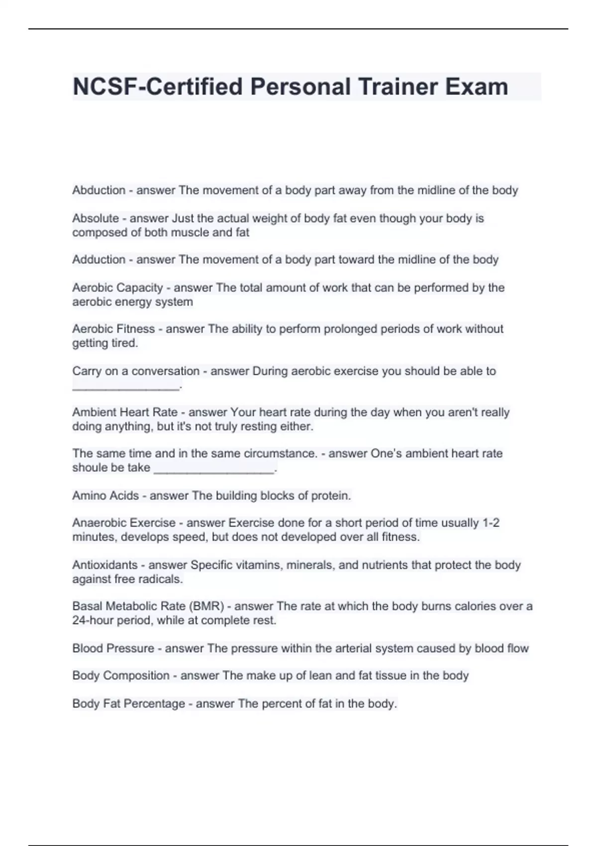 NCSF-Certified Personal Trainer Exam Questions with correct Answers ...