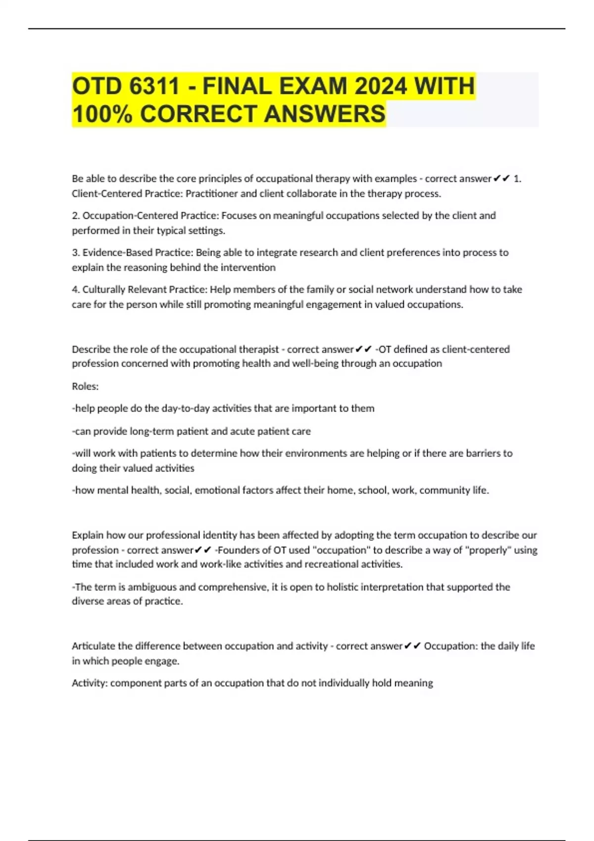 OTD 6311 - FINAL EXAM 2024 WITH 100% CORRECT ANSWERS - OTD 6311 - Stuvia US
