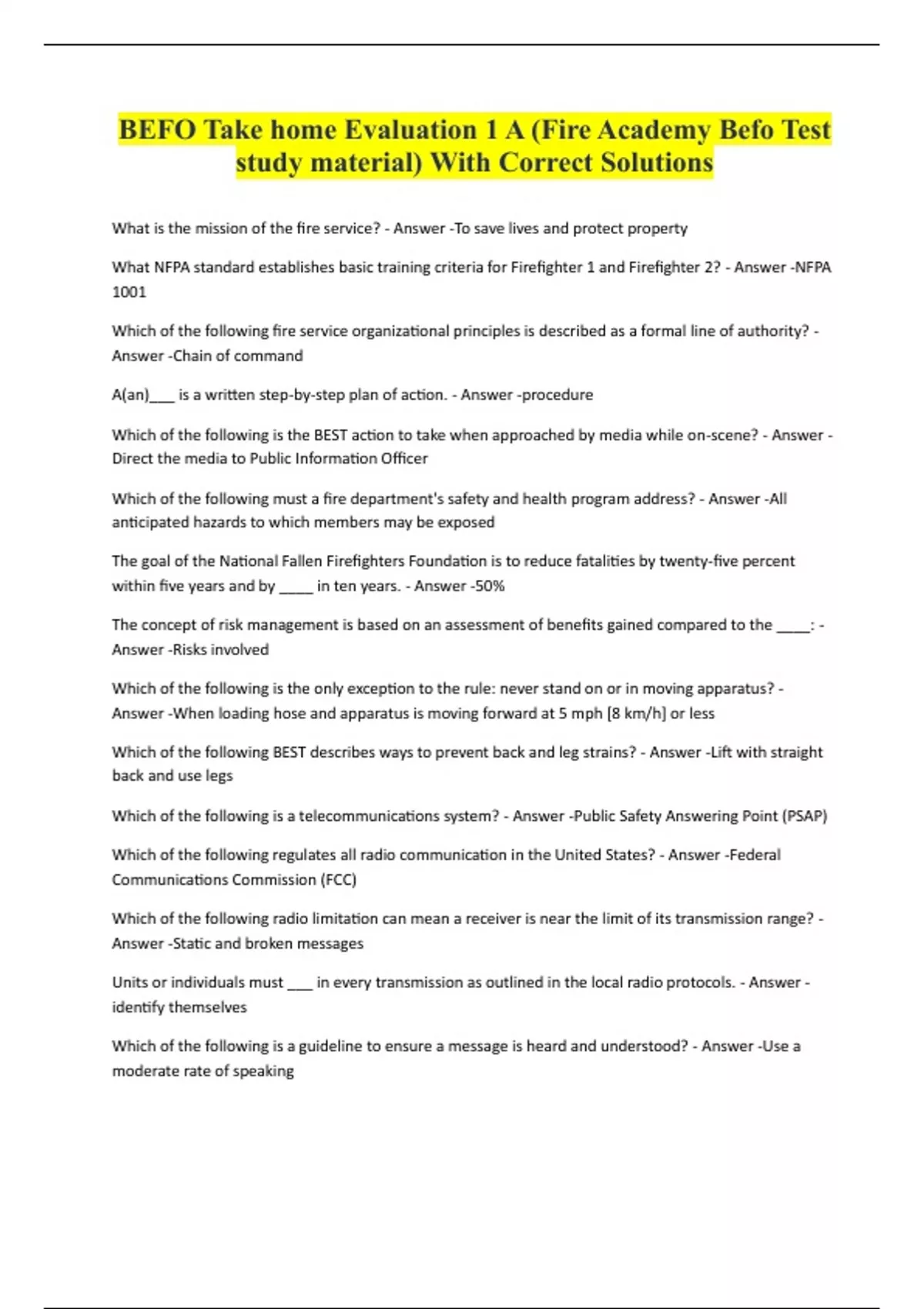 BEFO Take home Evaluation 1 A (Fire Academy Befo Test study material ...