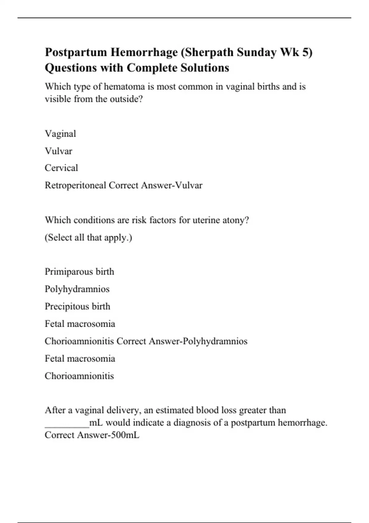 Postpartum Hemorrhage (Sherpath Sunday Wk 5) Questions with Complete ...