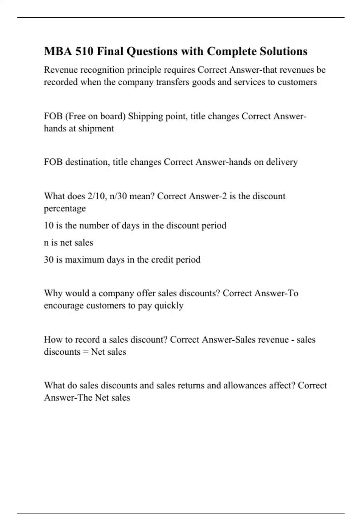 MBA 510 Final Questions with Complete Solutions - MBA or M.B.A ...