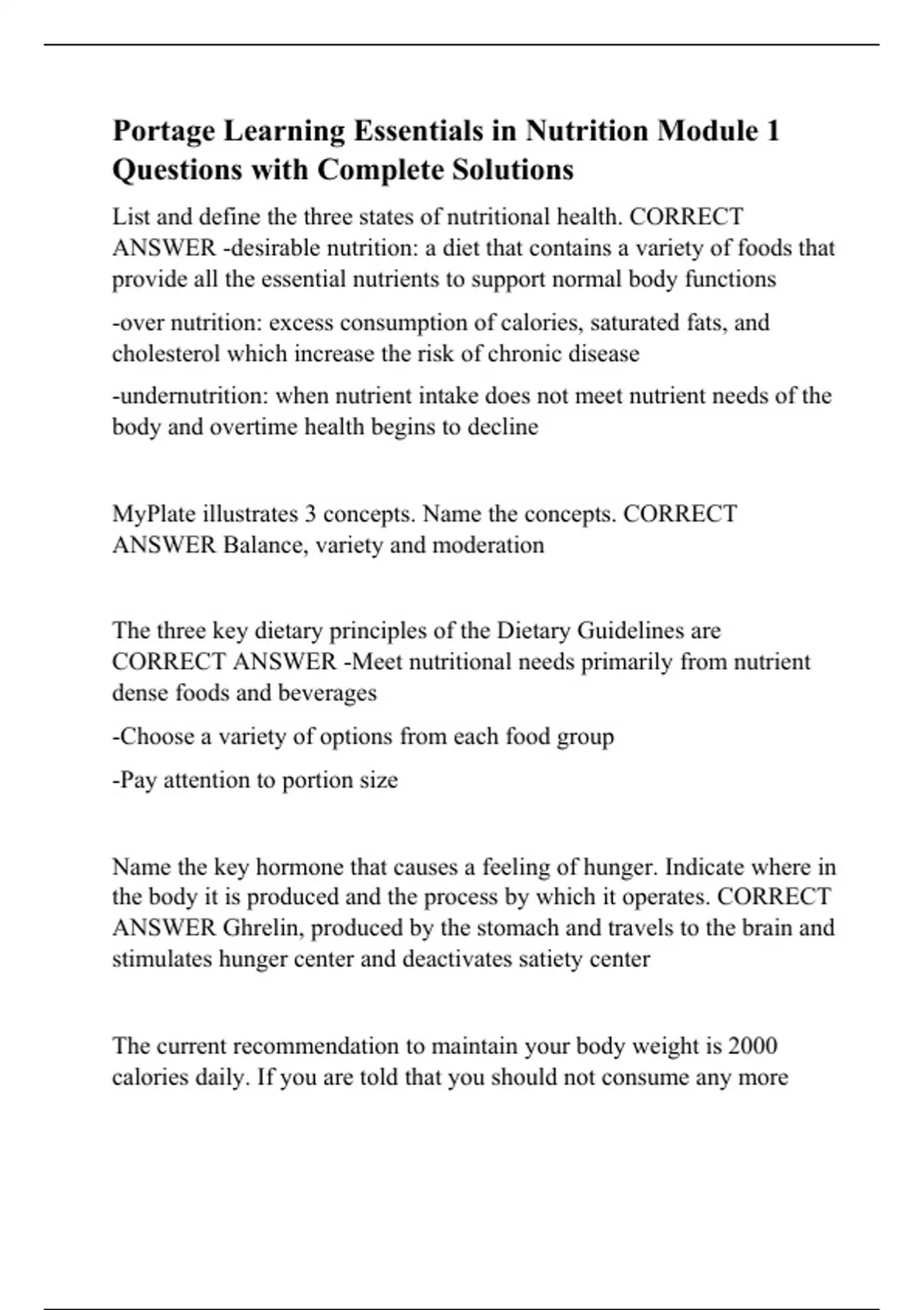 Portage Learning Essentials in Nutrition Module 1 Questions with ...