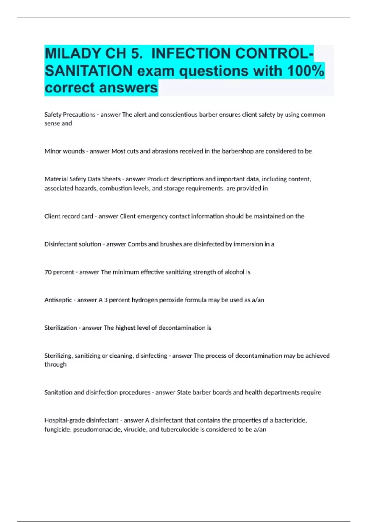 MILADY CH 5. INFECTION CONTROL-SANITATION exam questions with 100% ...