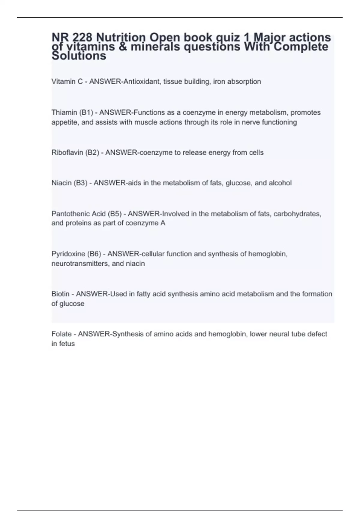 NR 228 Nutrition Open book quiz 1 Major actions of vitamins & minerals ...