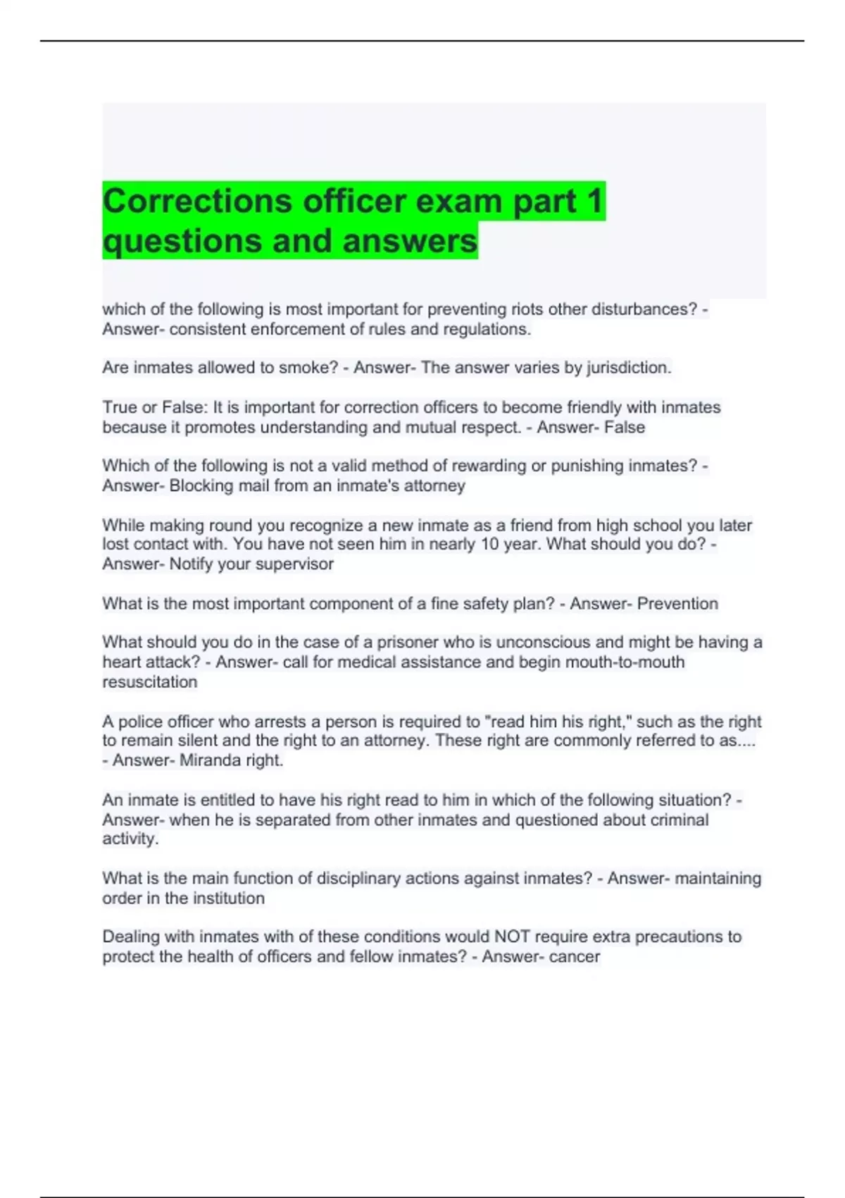Corrections officer exam part 1 questions and answers 2024 -graded a ...