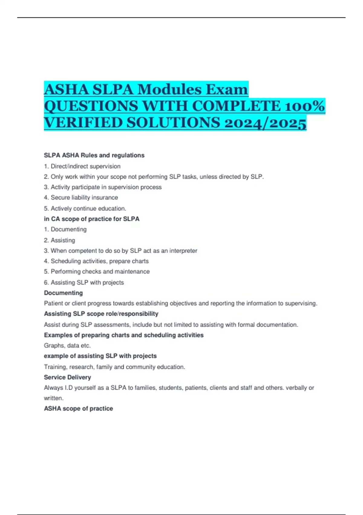 ASHA SLPA Modules Exam QUESTIONS WITH COMPLETE 100% VERIFIED SOLUTIONS ...