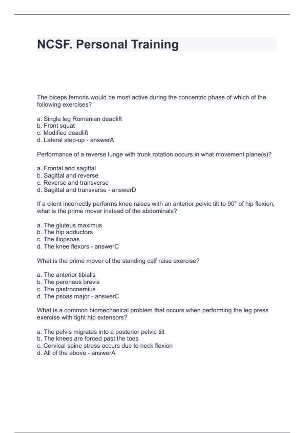 NCSF. Personal Training Questions with correct Answers - Ncsf - Stuvia US