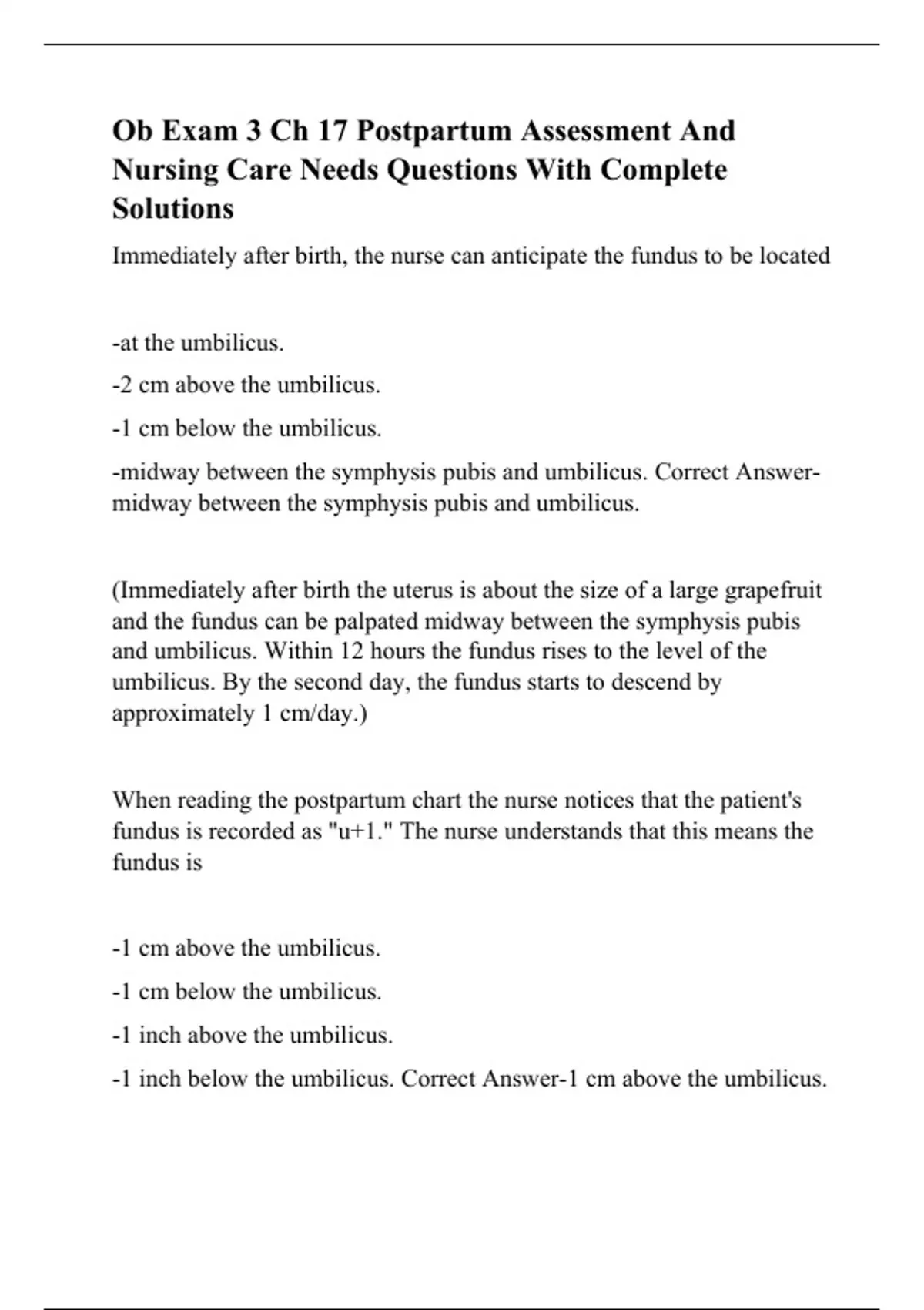 Ob Exam 3 Ch 17 Postpartum Assessment And Nursing Care Needs Questions ...