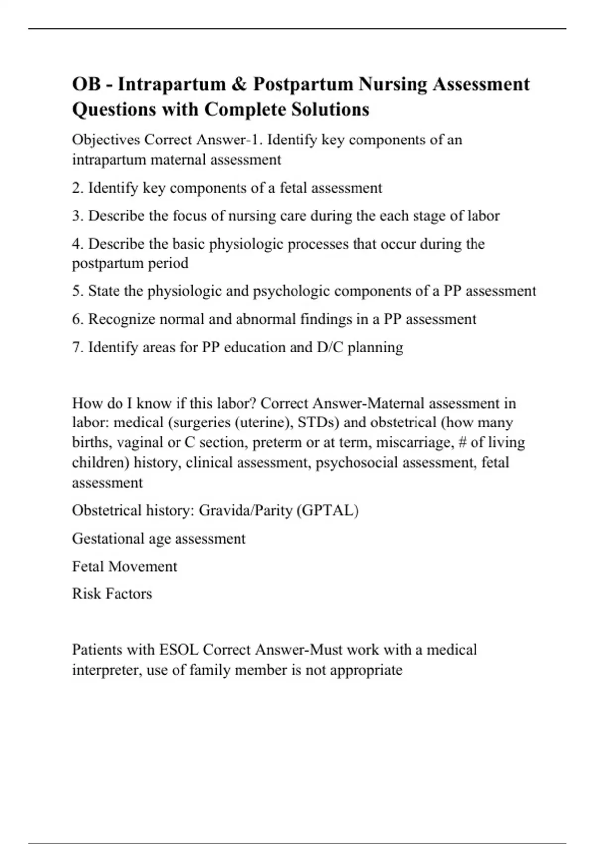 OB - Intrapartum & Postpartum Nursing Assessment Questions with ...